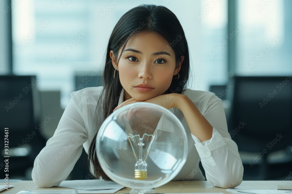 Young professional woman analyzing a futuristic light structure ...