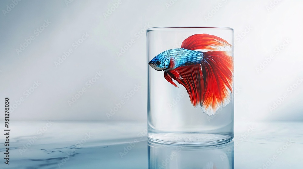 Minimalist design, a single betta fish with flowing fins, resting ...