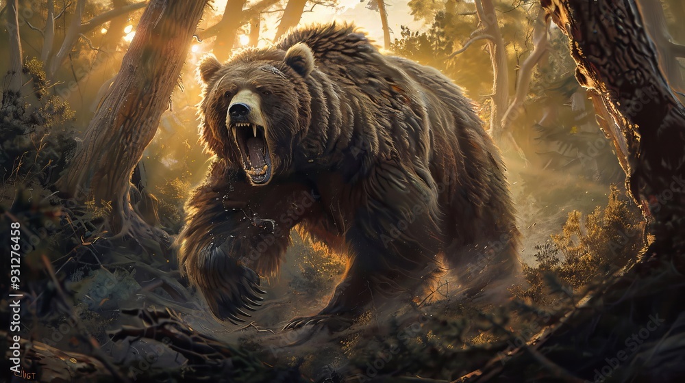 grizzly bear roaring in the forest, standing on two legs with sunlight ...