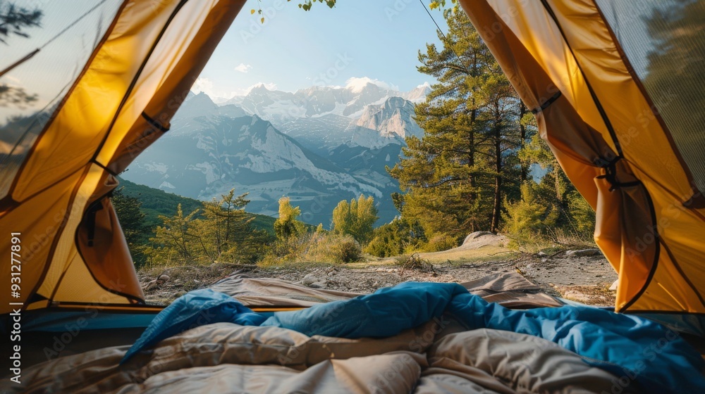 view from inside the tent looking out at stunning mountains and trees ...