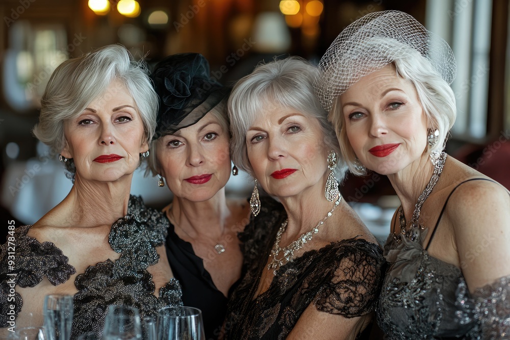 Four mature women pose for a portrait. This image represents elegance ...