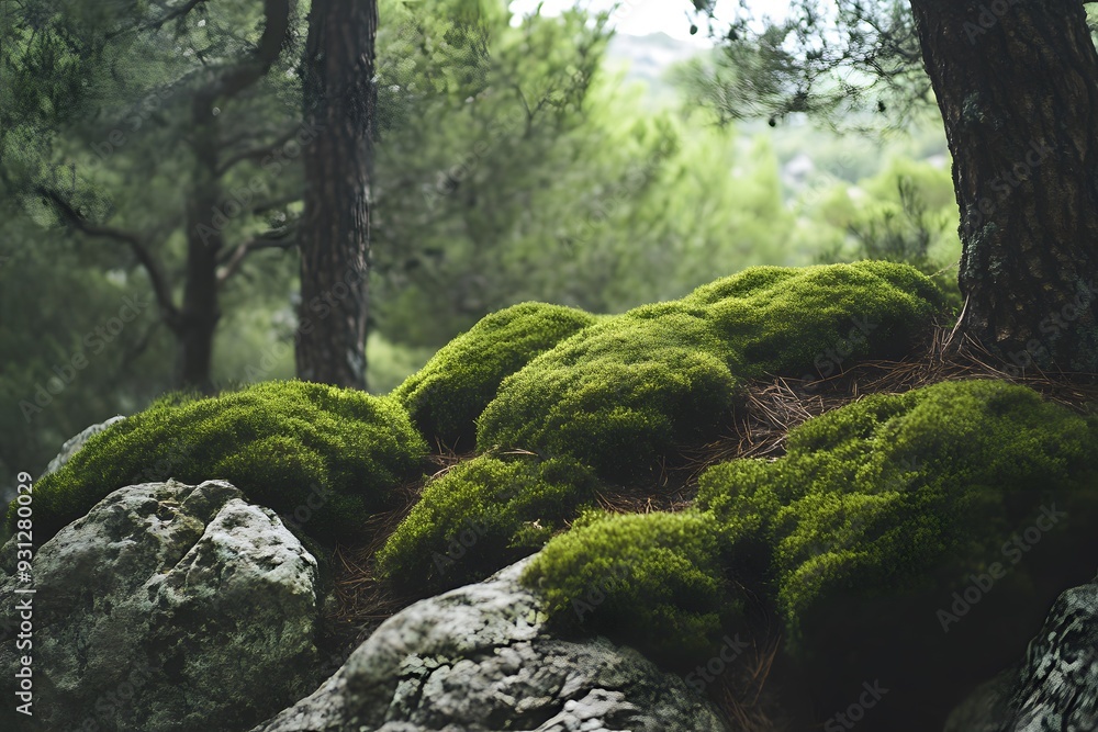 Moss-covered rocks and a tree stand tall in a sun-dappled forest Stock ...