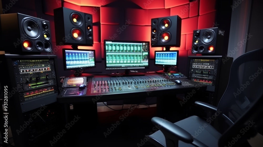 A modern recording studio with advanced audio equipment, featuring ...
