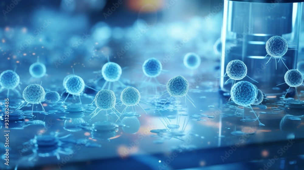 Combination of a laboratory scene with microscopic cells, representing ...