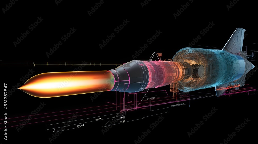 High-tech rocket engine illustration with vibrant colors and detailed ...