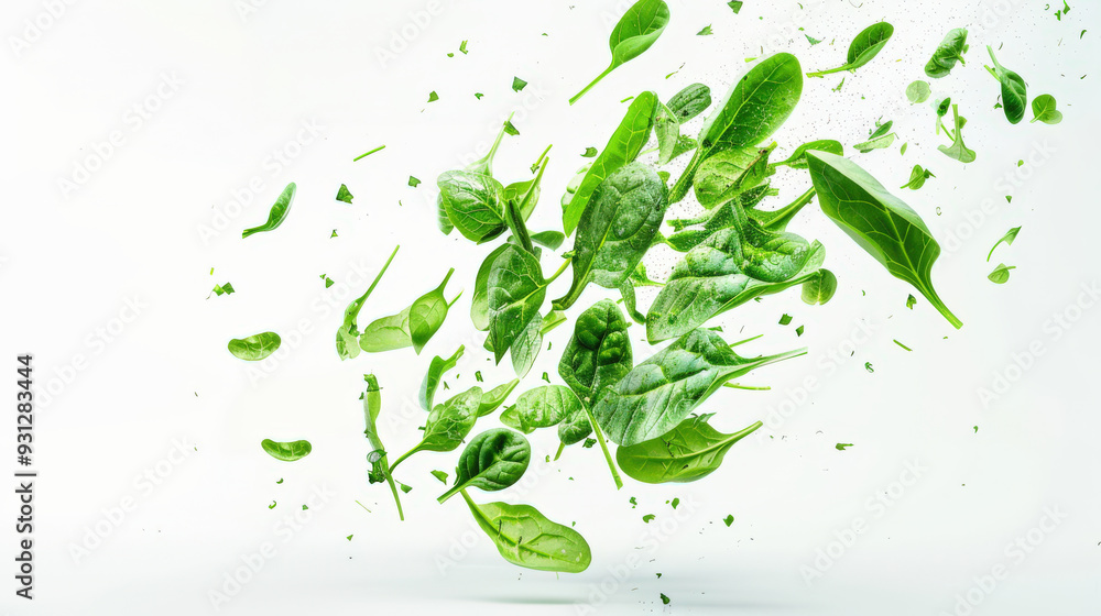 Close-up of spinach leaves falling from top to bottom on a white ...