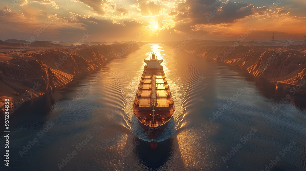 Majestic Cargo Ship Navigating the Suez Canal Amidst Desert Vistas and Breathtaking Sunset Stock ...
