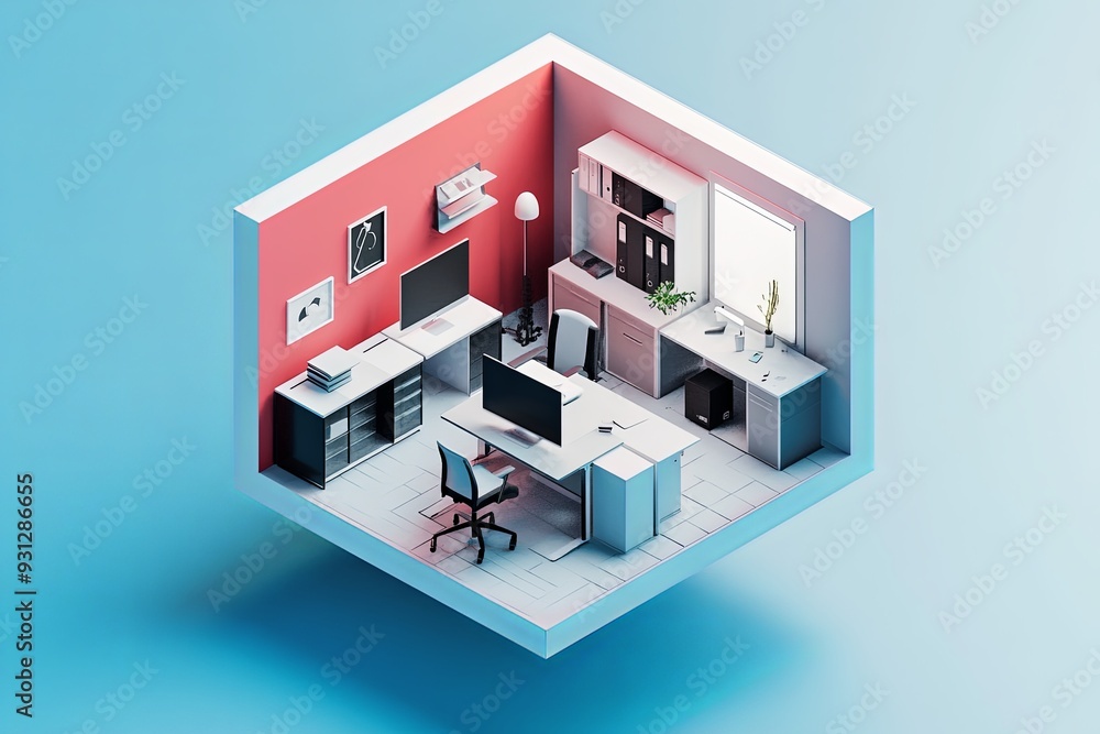 Render a modern isometric office room in a cube, combining sleek design ...
