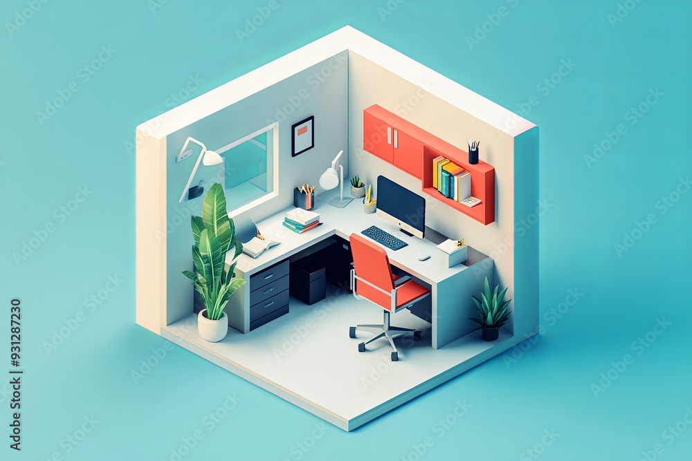 Illustrate a modern isometric office space with a toy-like twist in a ...