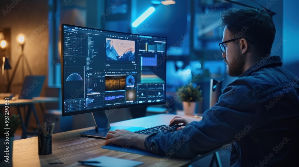 Graphic designer at work on a high-resolution monitor, creating a ...