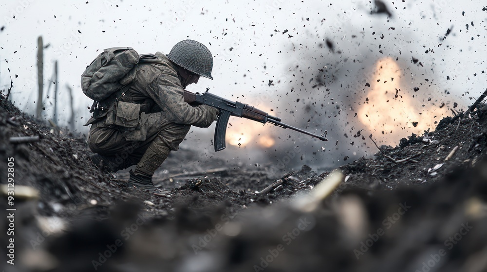 Brave soldier in trench aiming machine gun amidst explosions of war ...