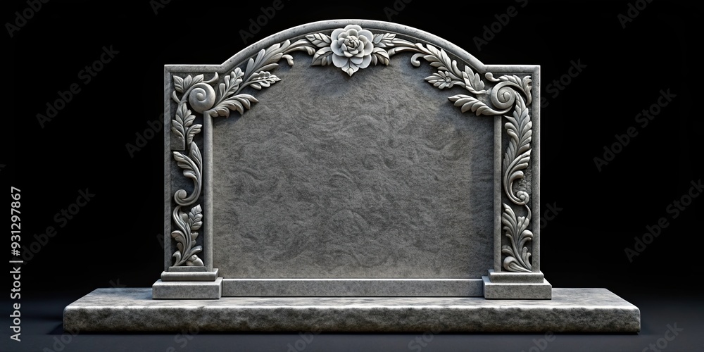 Blank tombstone with intricate floral design on a solid black ...