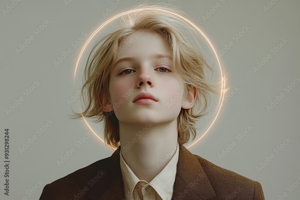 Androgynous youth with platinum blonde hair against a neutral ...