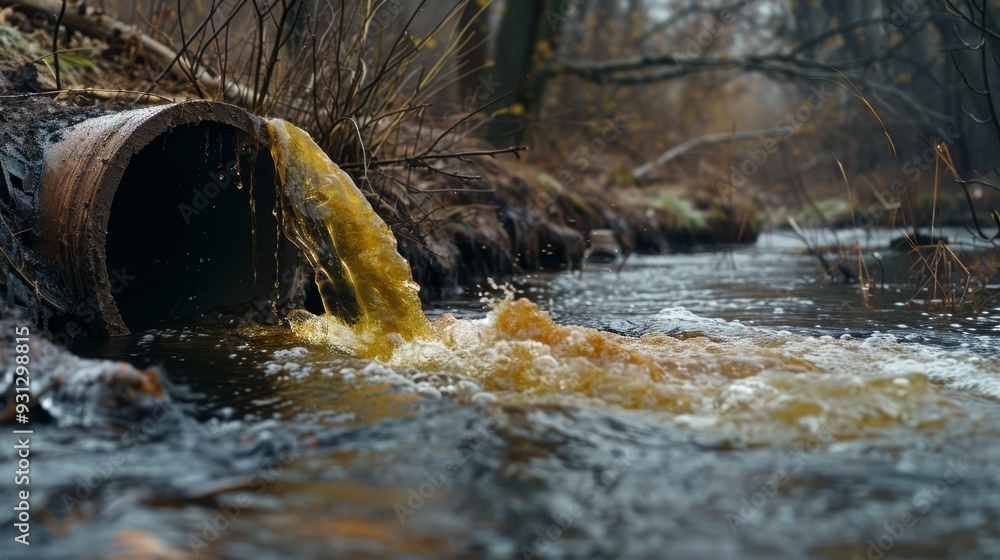 Polluted river sewage plant pipe discharging brown sludge and yellow ...