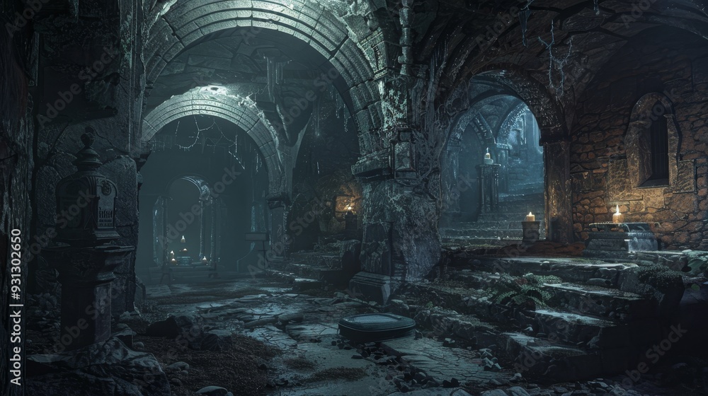Mysterious underground dungeon with ancient architecture, eerie ...