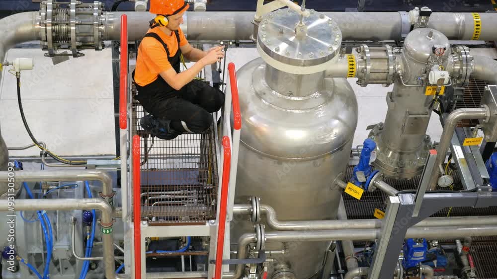 Industrial worker in safety gear completing shift, descending ladder ...