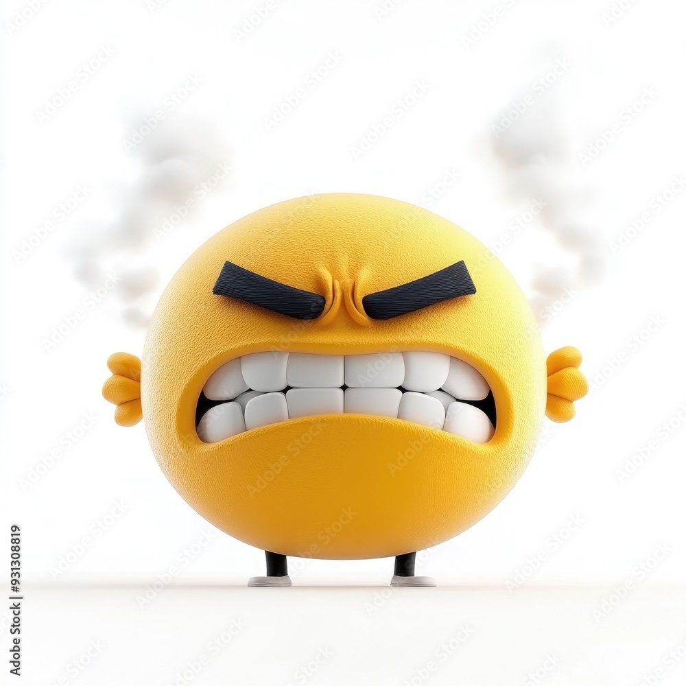 Angry emoji with steam coming from its head stands with clenched teeth and furrowed brow against ...