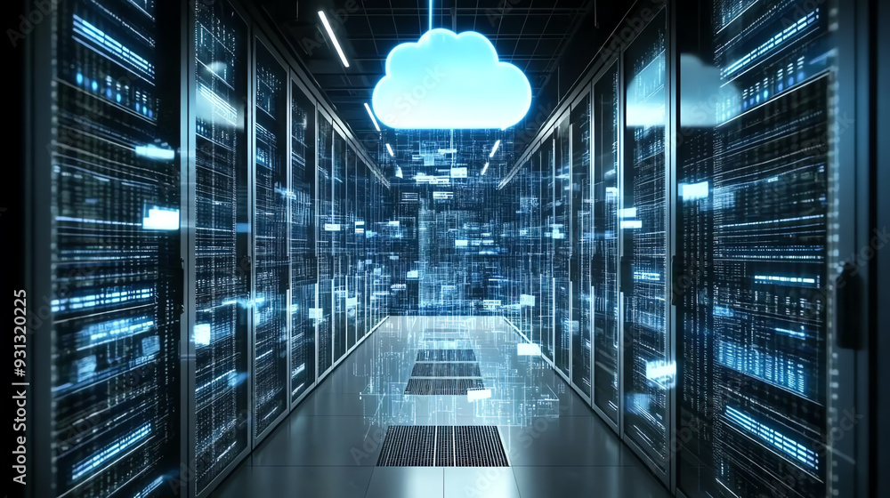 Futuristic data center with rows of servers and a virtual cloud concept ...
