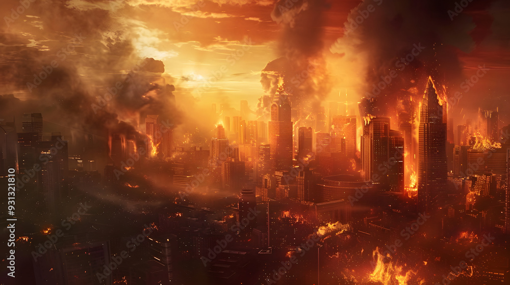 A city engulfed in flames and thick black smoke rises into the sky as ...