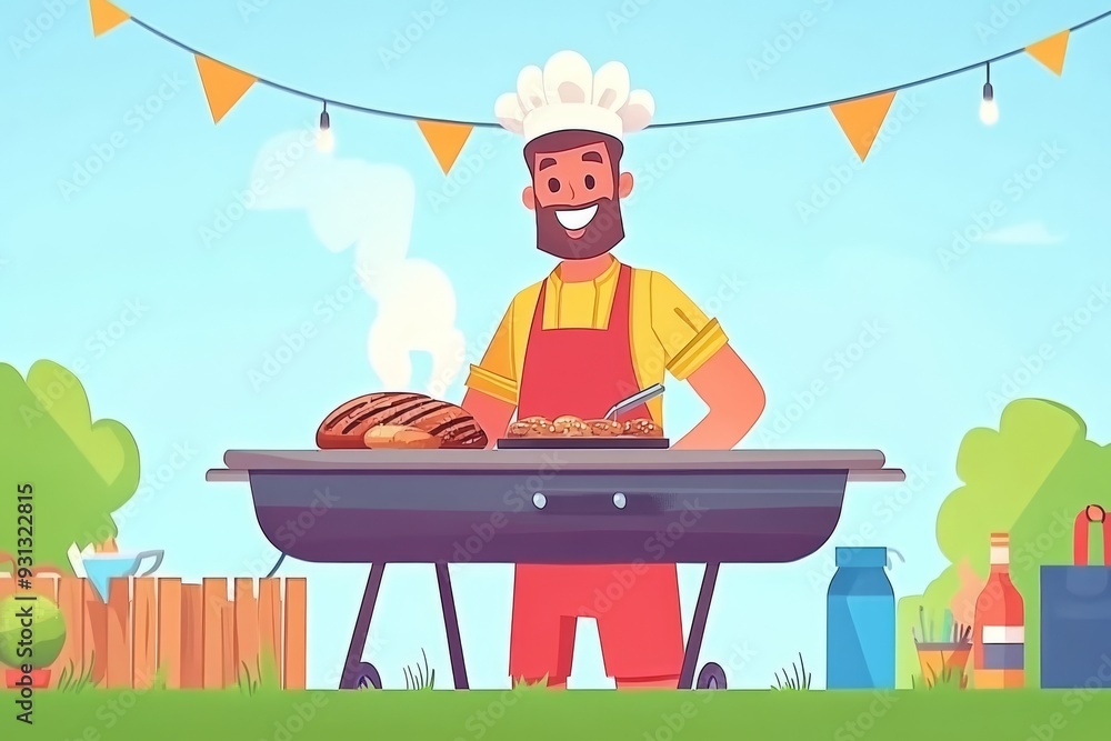 Cartoon chef at a summer barbecue his animated style and festive mood ...