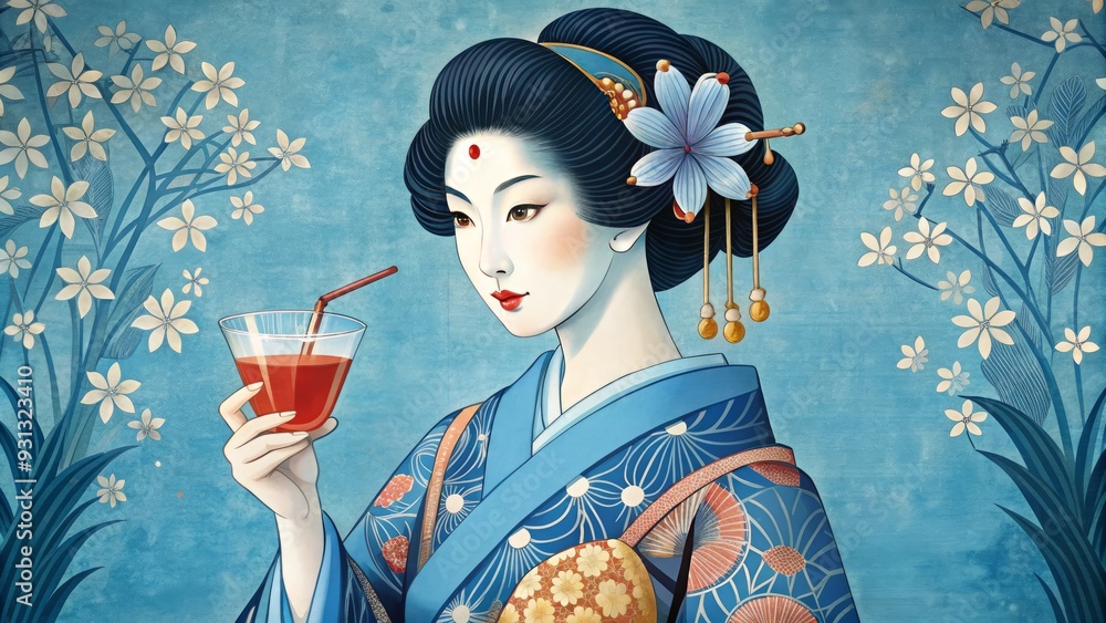 Ethereal geisha sways to ancient melodies in a misty blue haze, her ...