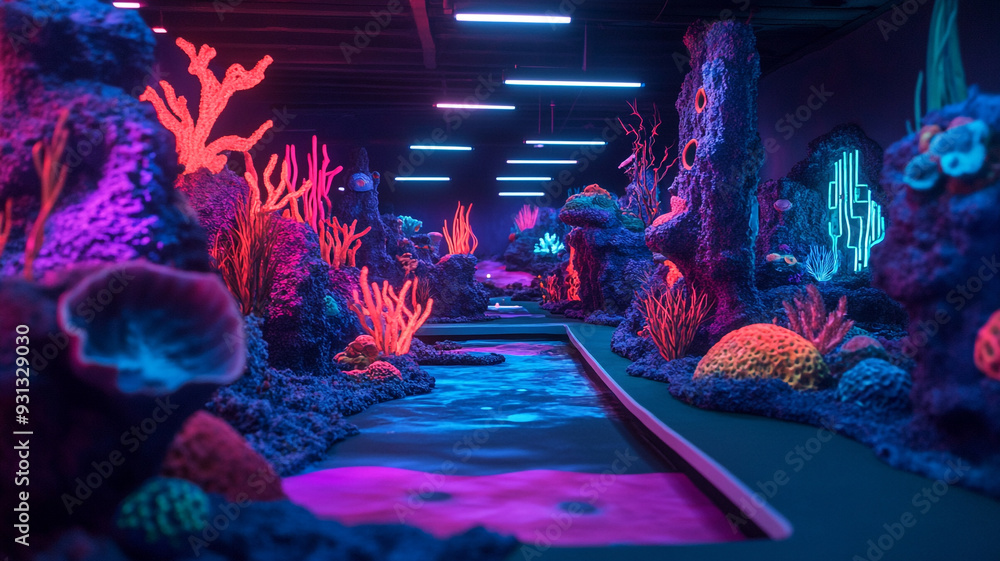 Illuminated underwater garden at a mini-golf course featuring vibrant ...