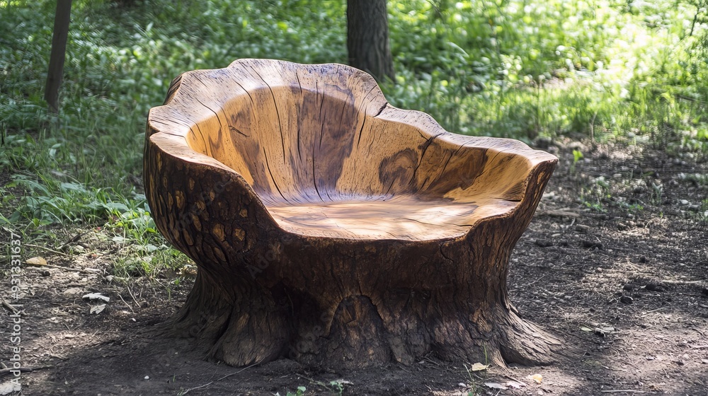 A unique chair crafted from a tree stump, showcasing natural wood ...