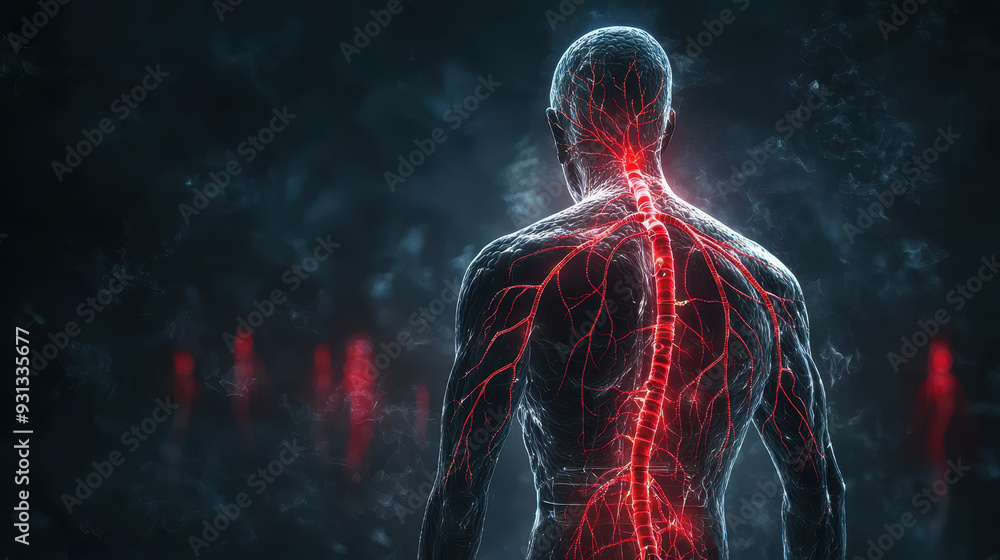 A digital representation of human figure showcasing glowing red ...