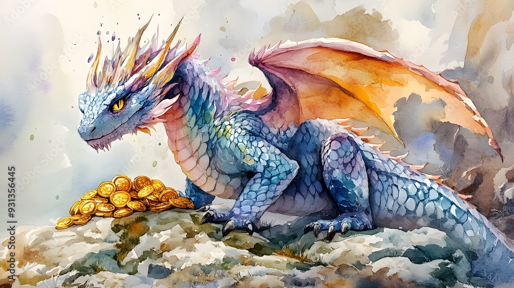 Pastel-colored dragon with a hoard of treasure, depicted in watercolor ...