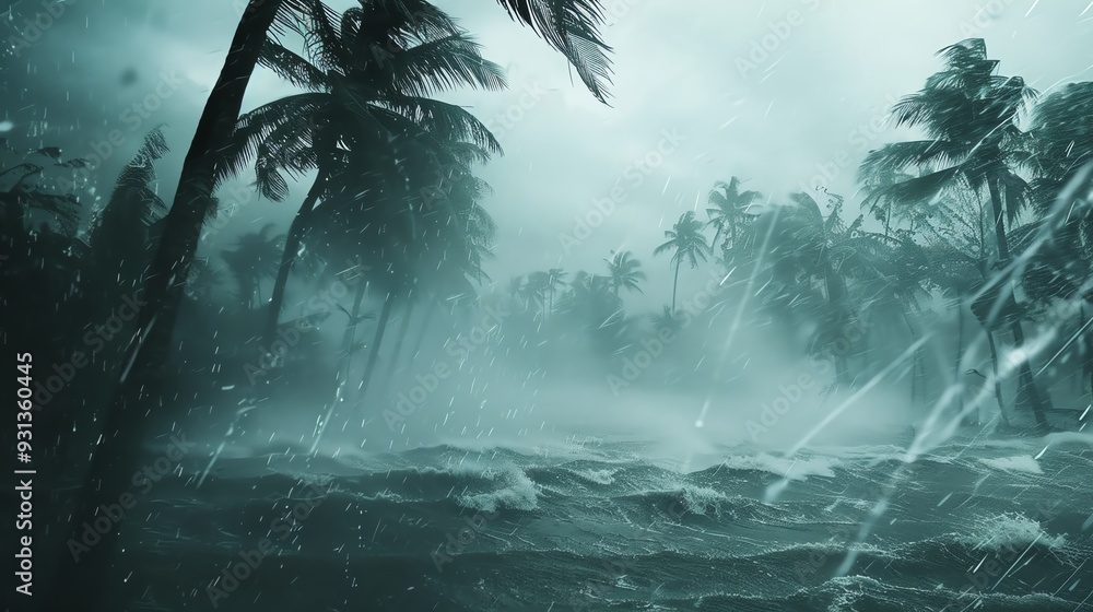 Dramatic image of a tropical storm with strong winds, heavy rain, and ...