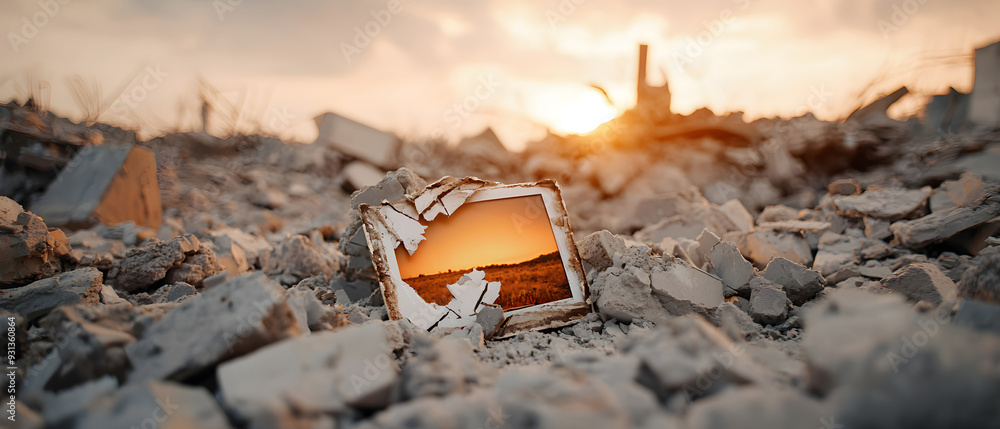 A torn family photo lying amidst the rubble of a desolate nuclear ...