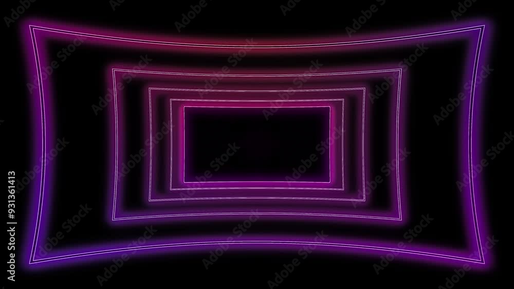 Purple pink neon rectangles frame border zooming flying forward through ...