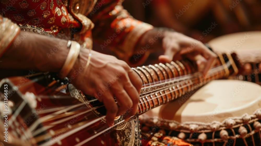 Envision the cultural richness of a traditional Indian music concert ...