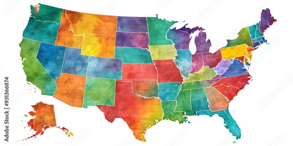 Colorful and textured map of USA states , vibrant, textured, United ...