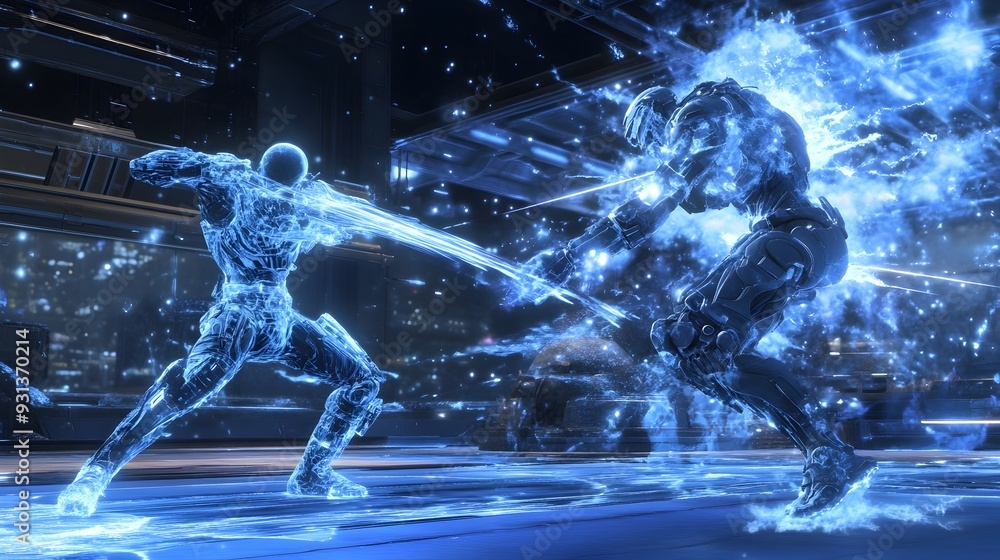 Two detailed high tech avatars engaged in an epic battle within a ...