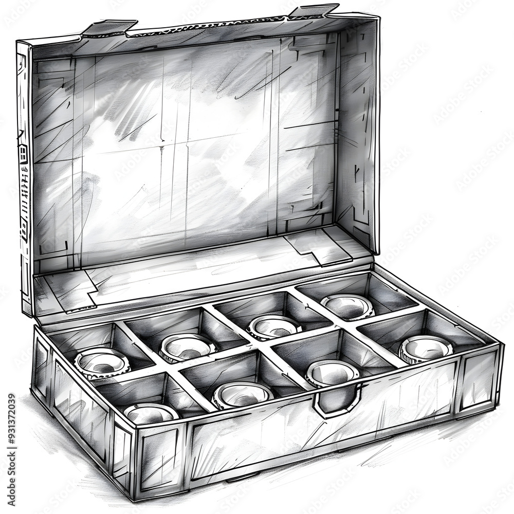 Opened Cardboard Food Box Sketch in Technical Drawing Style on White ...