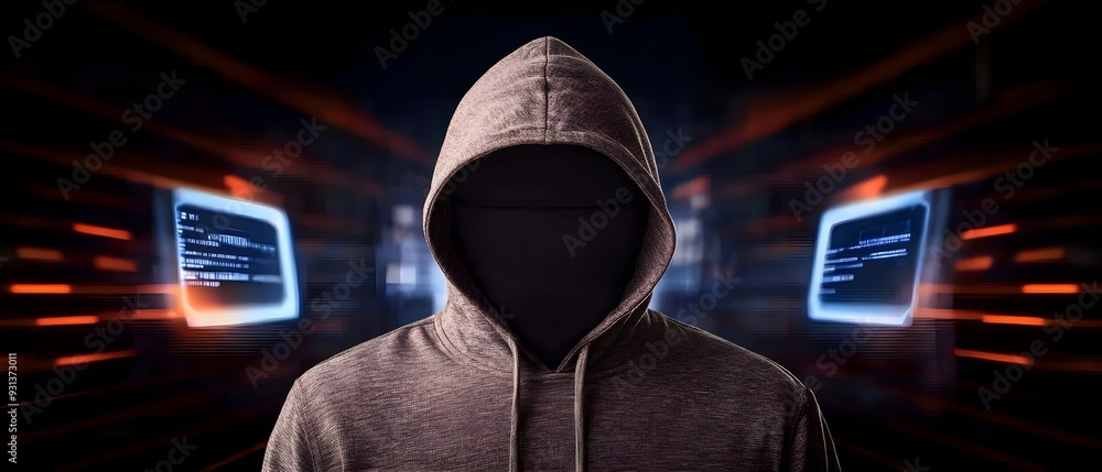 Concealed hacker in a hoodie, surrounded by holographic screens and ...