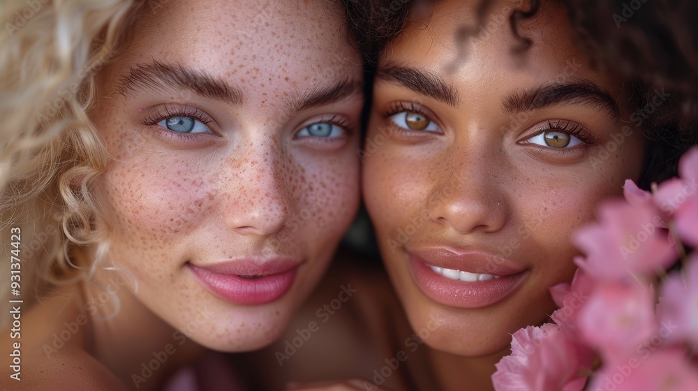 Two women with natural beauty and floral accents, showcasing skin tones ...