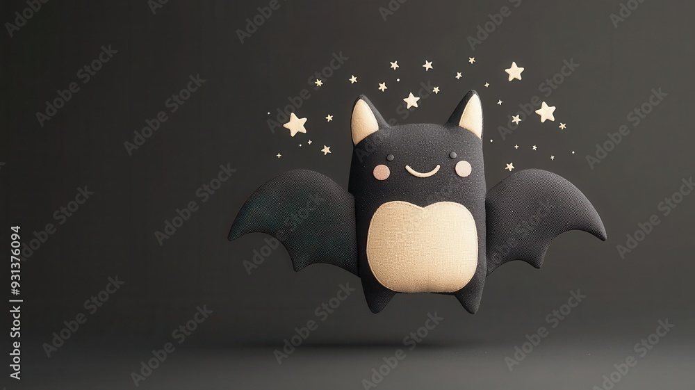 Chubby bat with a happy grin, surrounded by tiny stars, floating in a ...