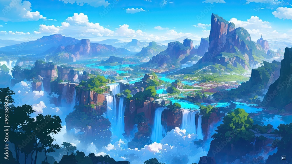 Majestic anime landscape with towering waterfalls misty mountains and ...