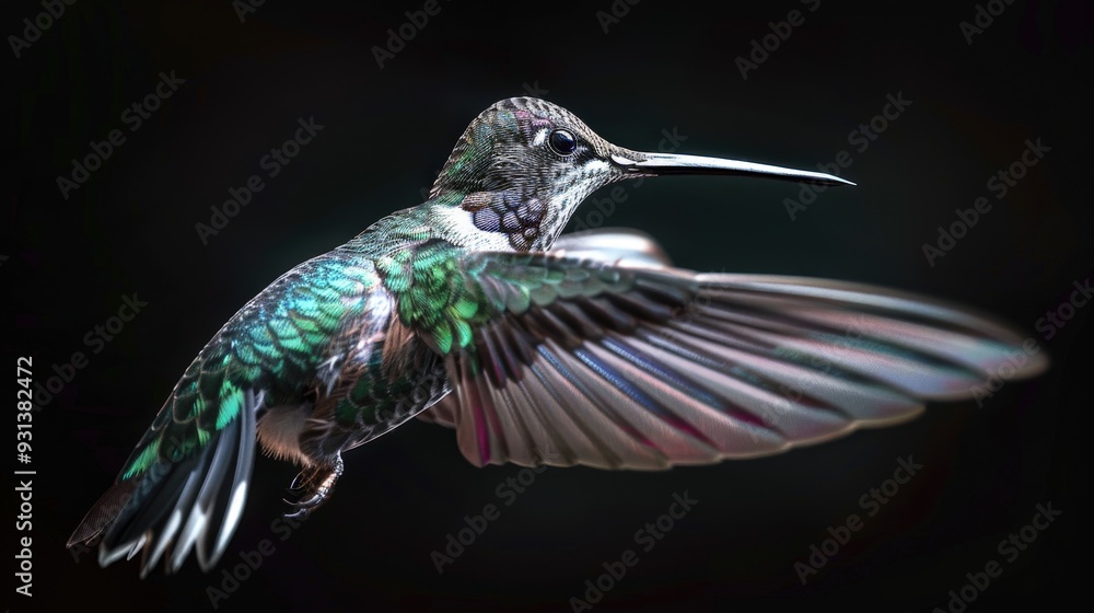 Picture a hummingbird in flight, its wings beating rapidly but captured ...