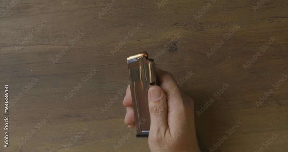 Vertical table top footage of a hand showing in 360 degrees a 9mm ...