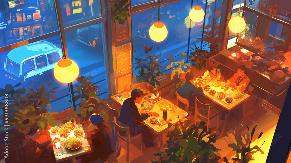 interior of restaurant lofi image, cafe 2d anime scene minimal ...