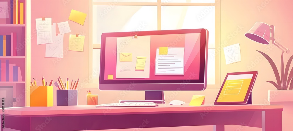 cartoon illustration of an office desk with a computer, notebook, and ...