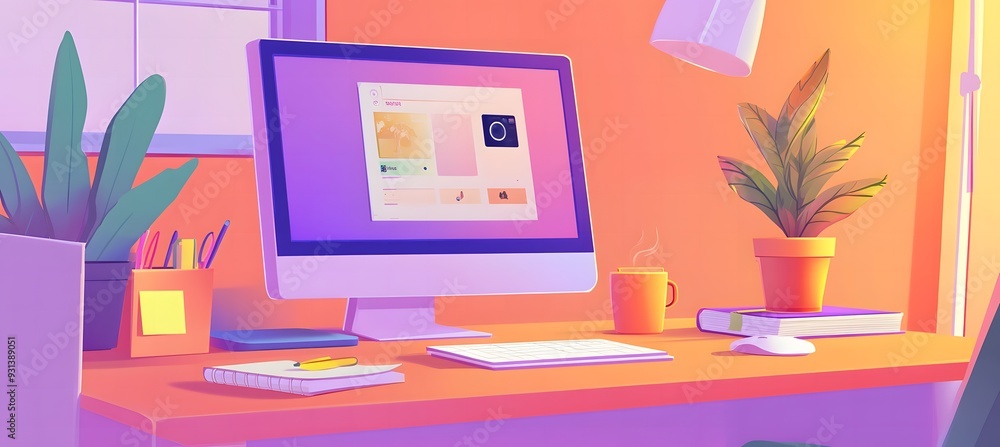 cartoon illustration of an office desk with a computer, notebook, and ...