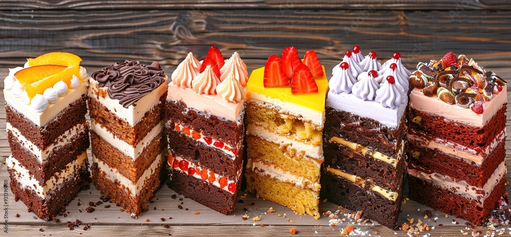 Six different slices of layered cake with various toppings and fillings ...