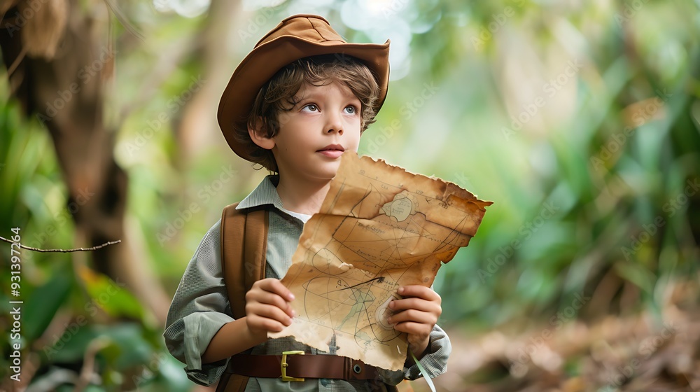 Young boy explorer with a map in the woods. Stock Photo | Adobe Stock