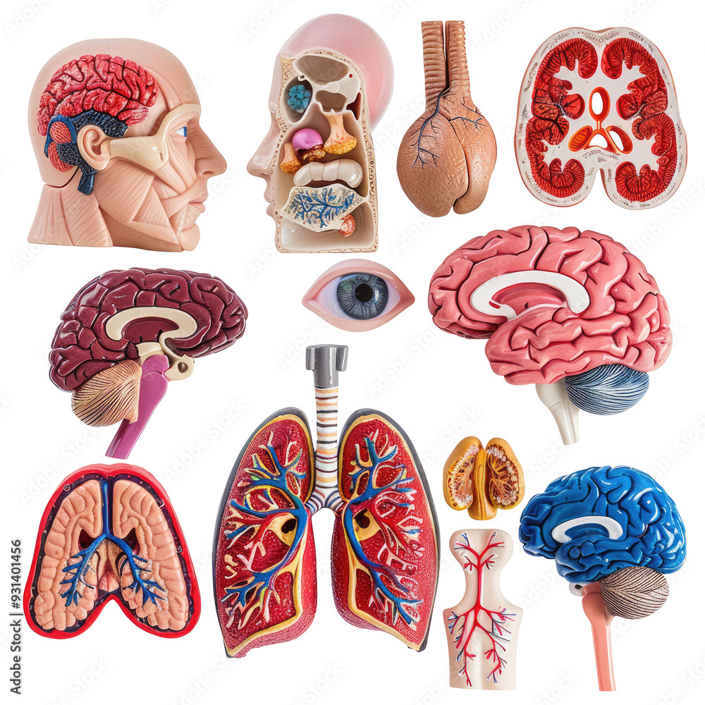 collection of human head cross section, lungs and eyeball anatomy ...