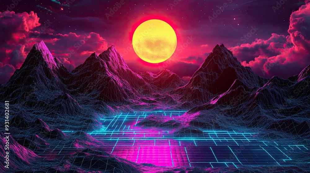 Neon-infused Synthwave landscape with glowing mountains and a retro sun ...