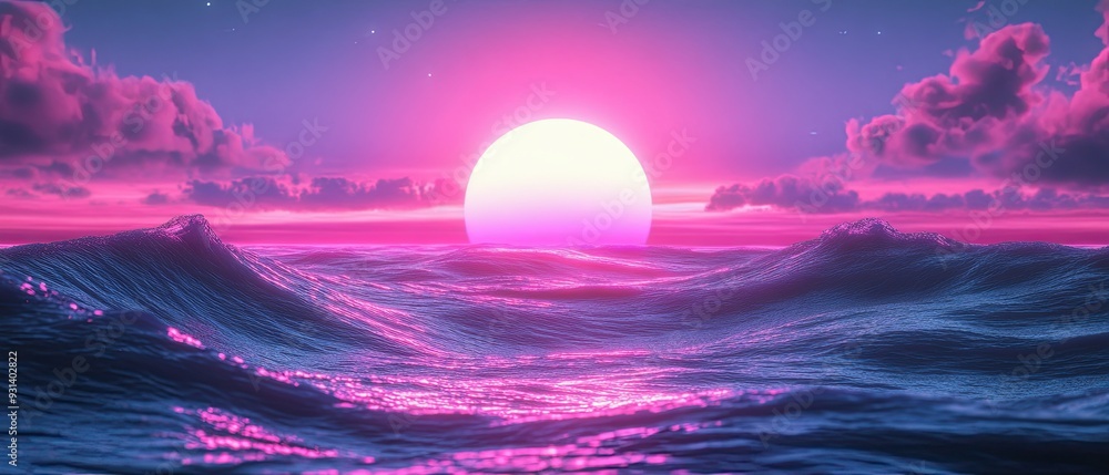 Synthwave ocean with neon-lit waves under a glowing retro sun vibrant ...